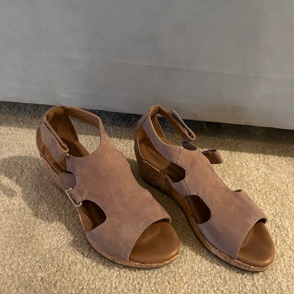 Clarks | Shoes | Clarks Gray Suede Cork Wedge Sandals Size 6m | Poshmark